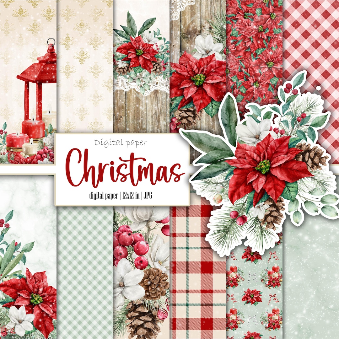 Classic Christmas Printable Paper Pack, Red Poinsettia, Winter Plaid ...