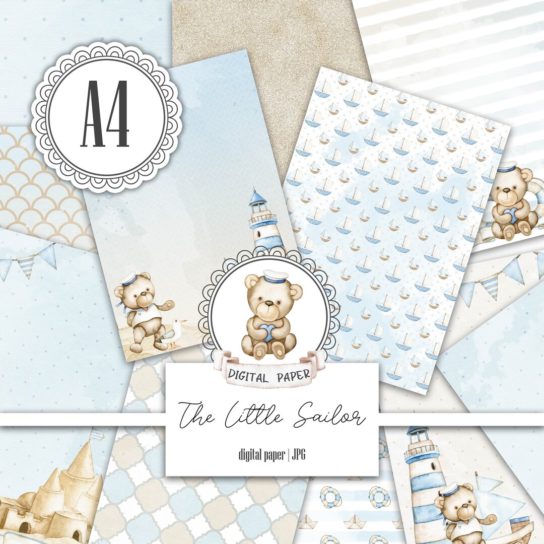 A4 Nautical Kids Digital Paper Pack, Little Sailor Teddy Bear Junk ...