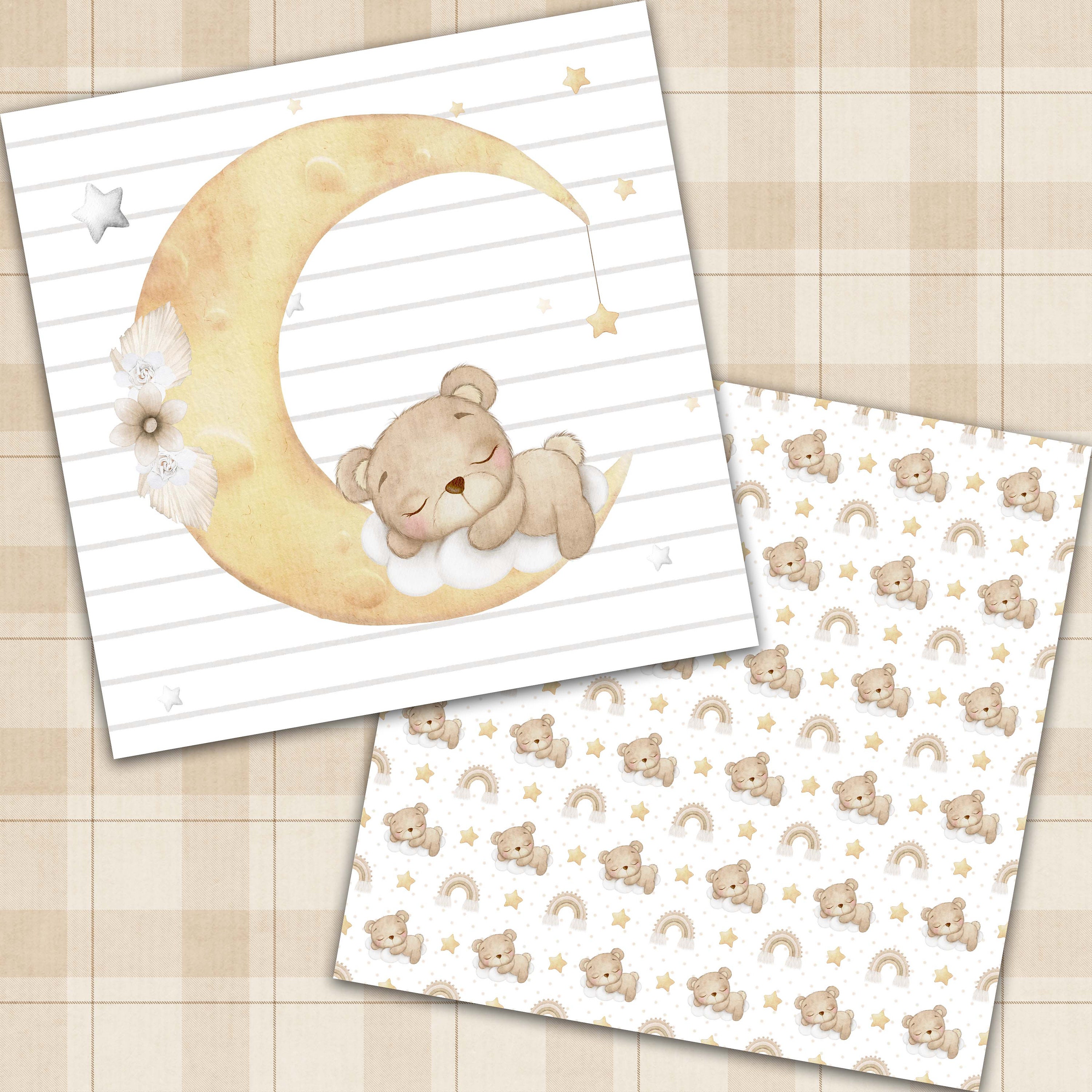 Boho Baby Teddy Bear Digital Scrapbooking Paper Pack, Boy Girl Album ...