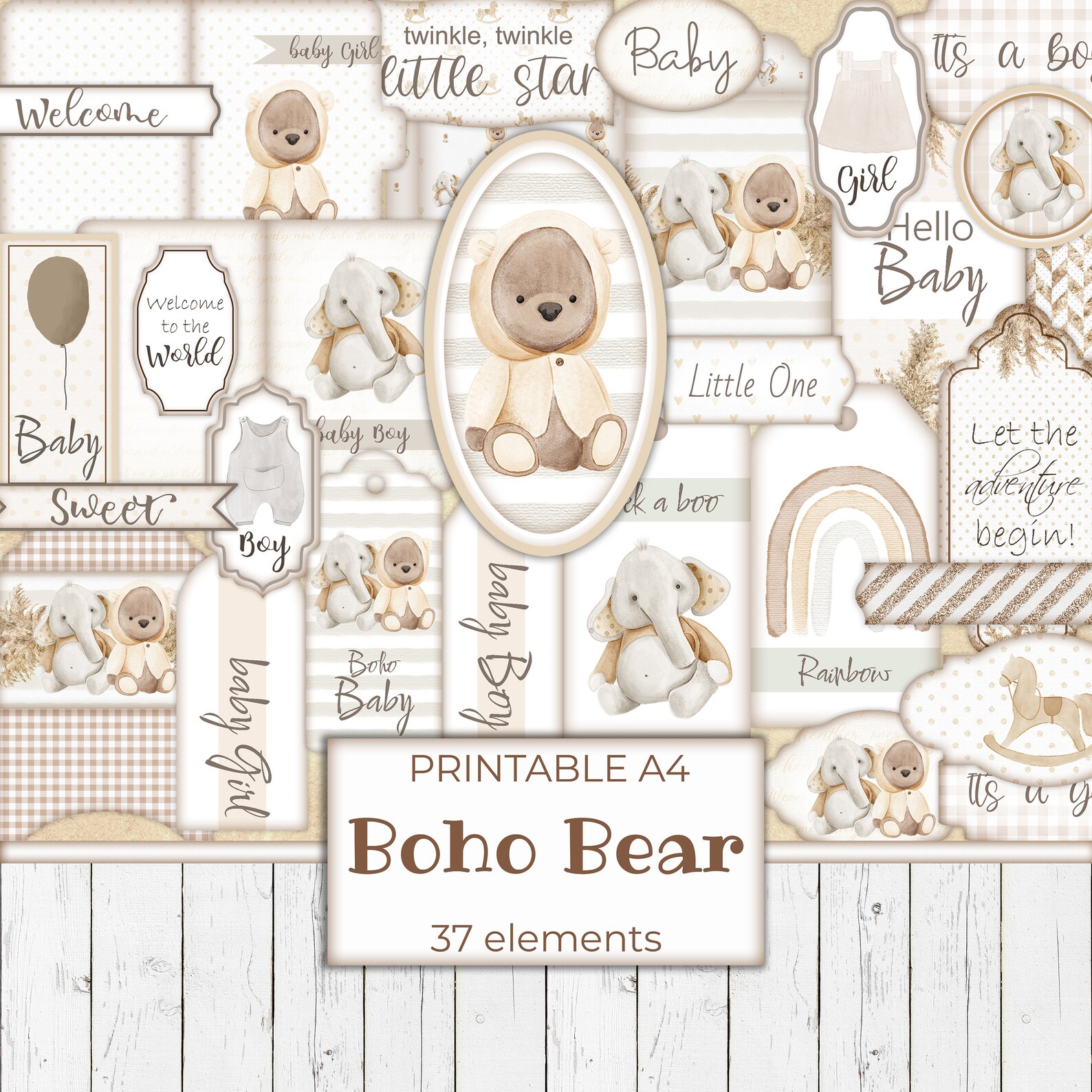 Baby Boho Teddy Bear Digital Paper Pack, Printable Ephemera Kit ...