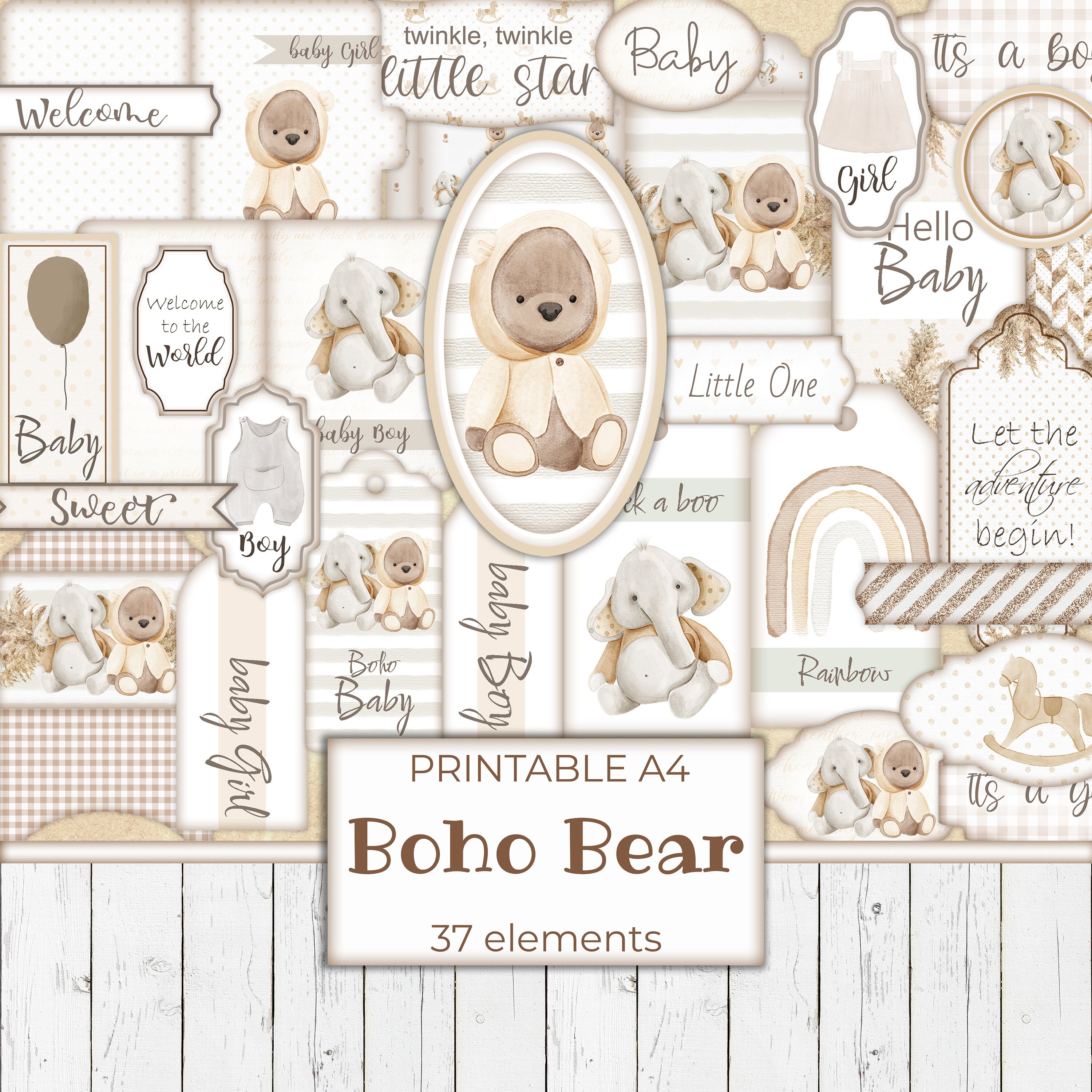 Baby Boho Teddy Bear Digital Paper Pack, Printable Ephemera Kit ...