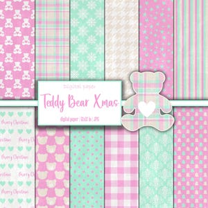 Christmas Digital Paper Pack, Teddy Bear, Pink and Mint Candy Festive ...