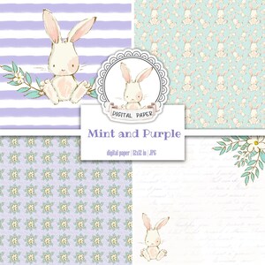Baby Bunny Mint Digital Paper Pack, Rabbit Pattern, Purplegendre ...