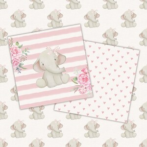 Pink Baby Girl Elephant Digital Paper Pack, Newborn Floral Scrapbook ...