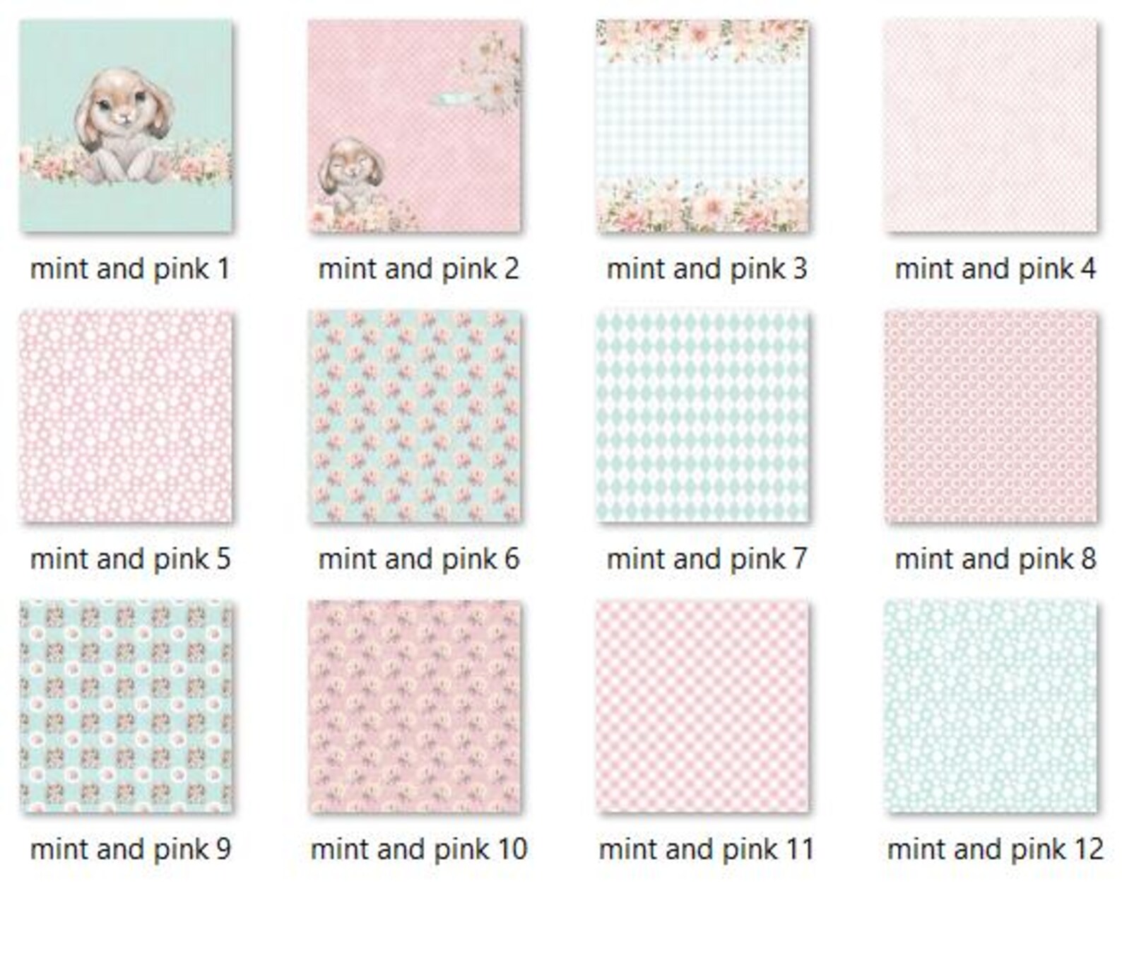 Mint Girl Bunny Digital Paper Pack, Floral Pink Scrapbook Album, Flower ...