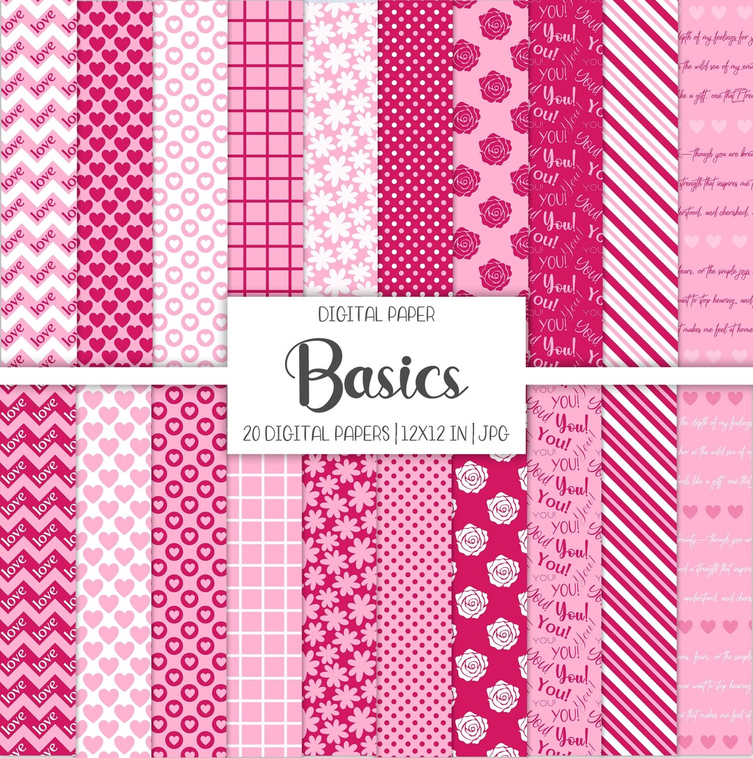 Basic Digital Paper Pack, Love Pink Background, Instant Download, Heart ...