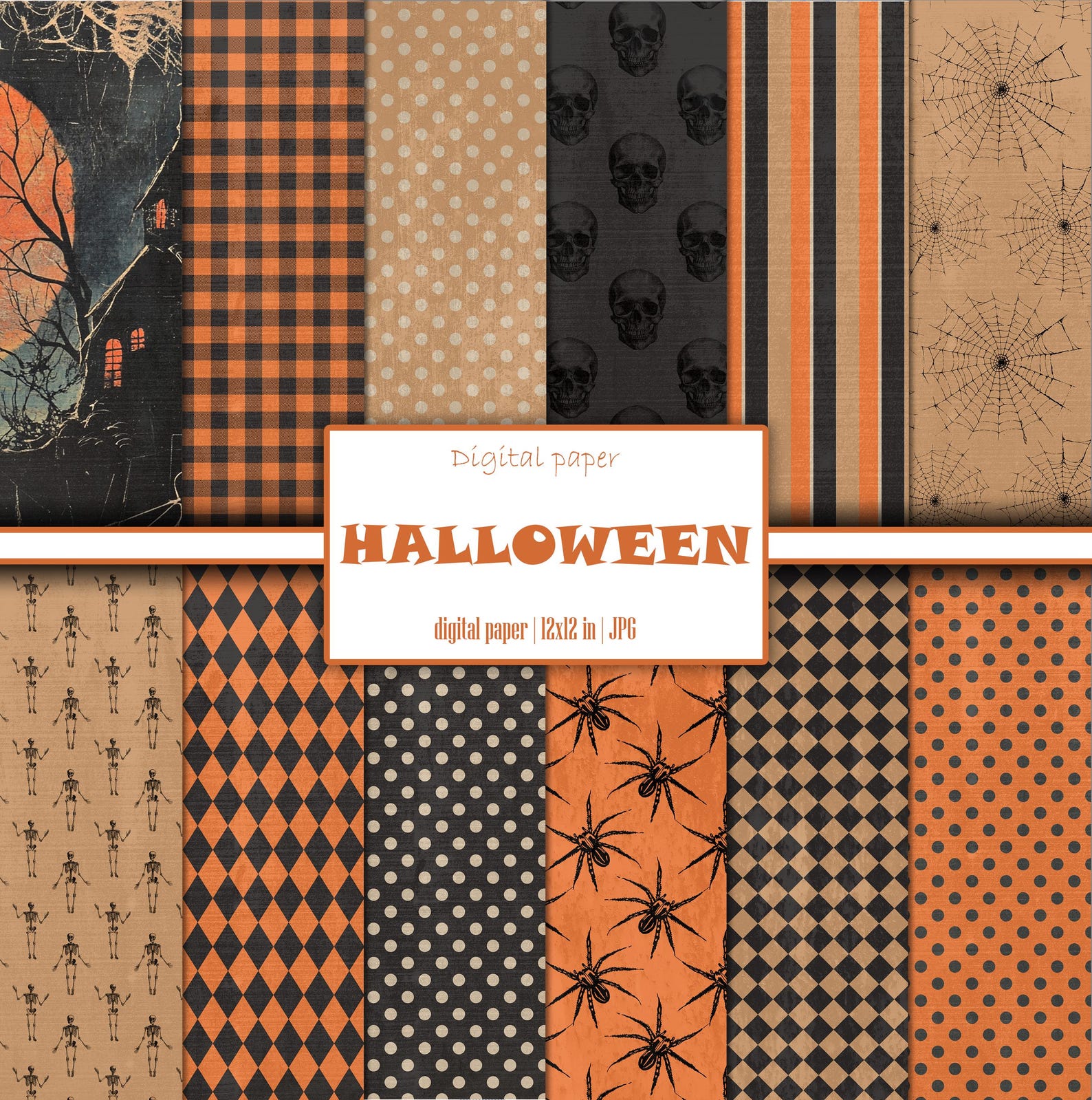 Vintage Halloween Digital Paper Pack, Orange, Black Spooky Pattern ...