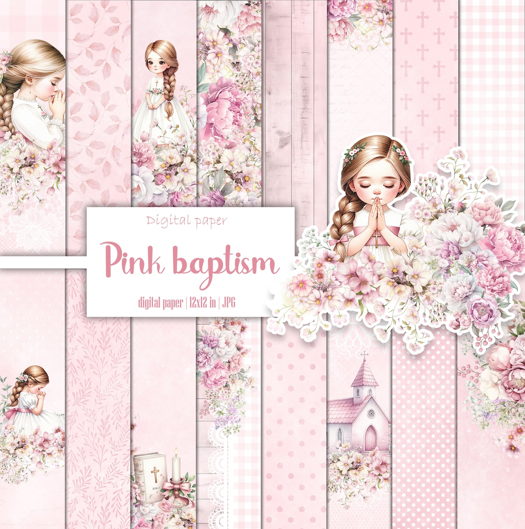 Pink Baptism Digital Paper Pack, Girl Scrapbook Album, Flower Pattern ...