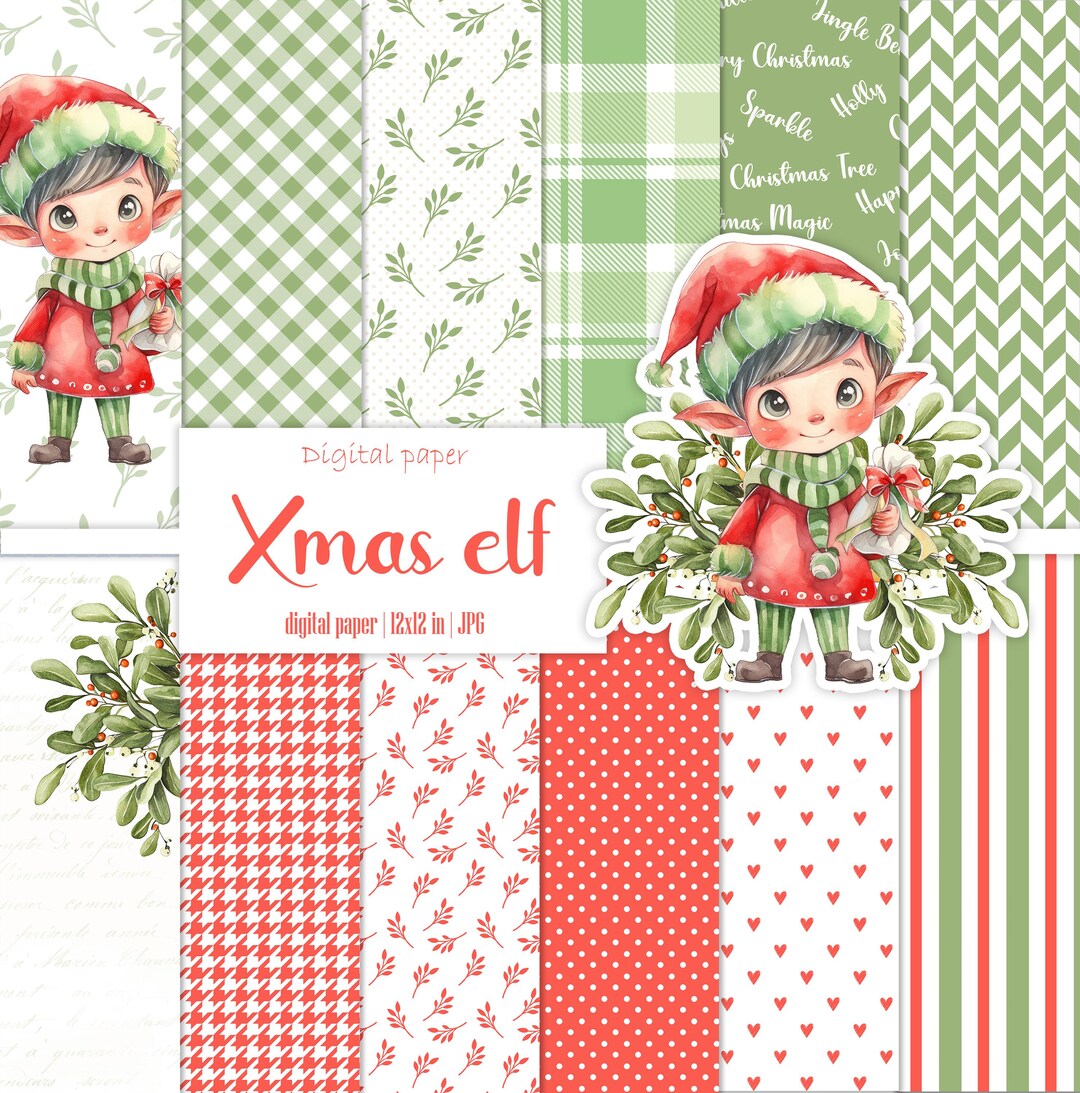 Christmas Elf Digital Paper Pack, Festive Scrapbooking Album, Red Xmas ...