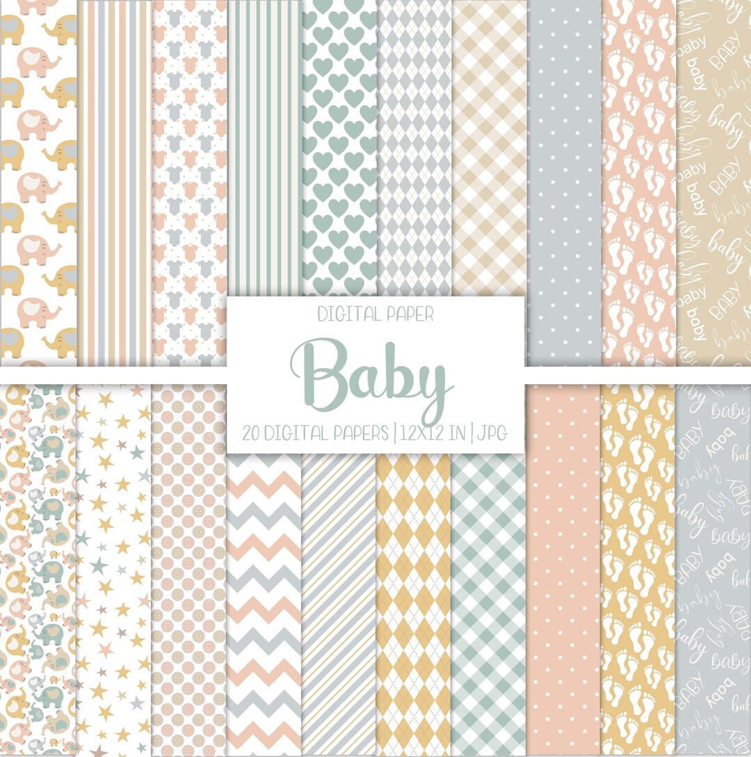 Baby Digital Paper Pack, Neutral Baby Shower Scrapbook Paper, Cute ...
