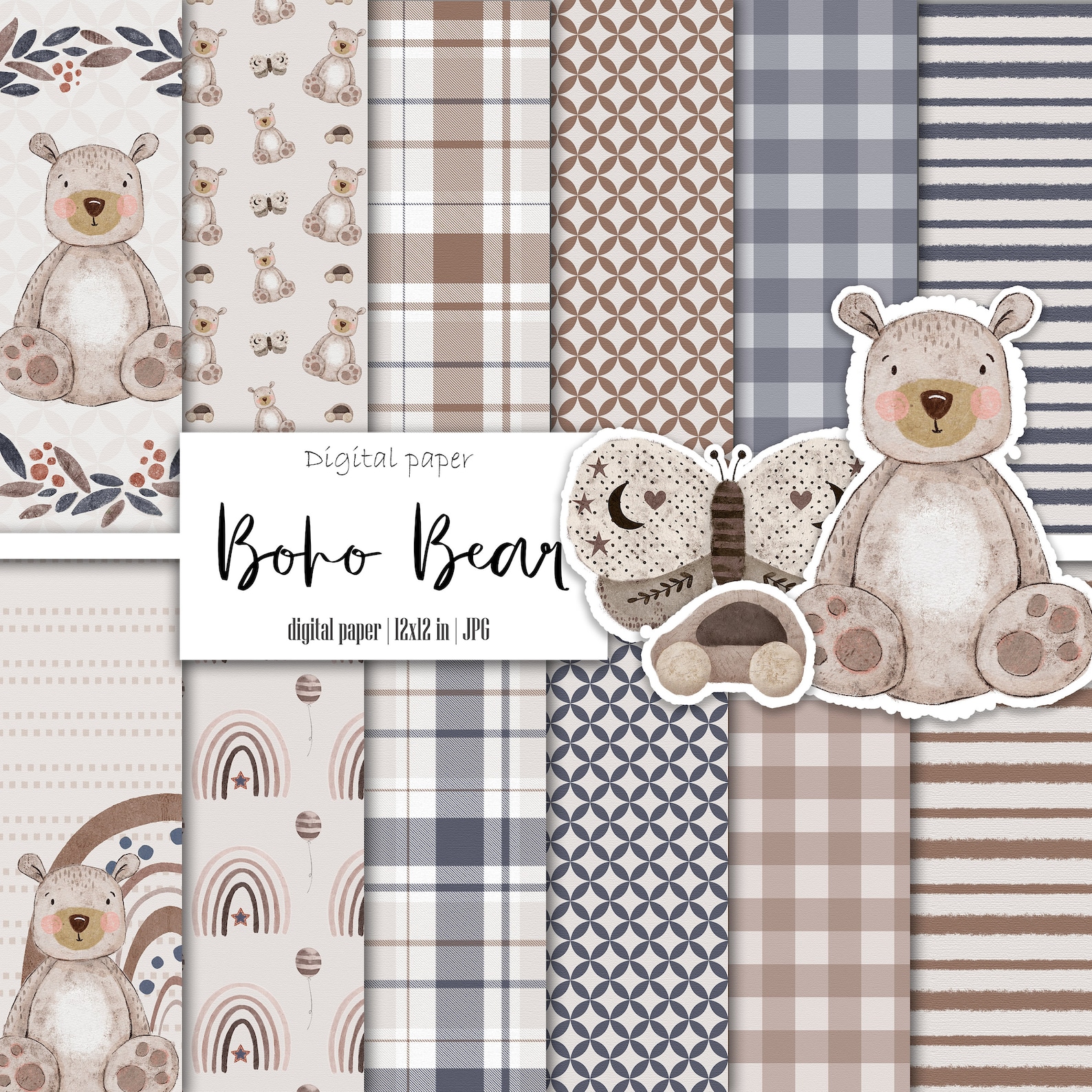 Boho Baby Boy Bear Digital Paper, Nursery Background, Instant Download ...