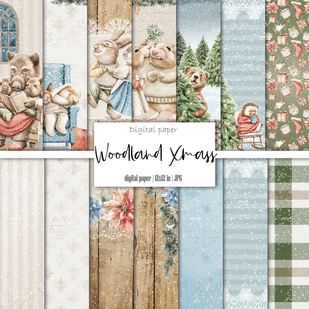 Christmas Digital Paper, Woodland Christmas, Forest Animals, Winter ...