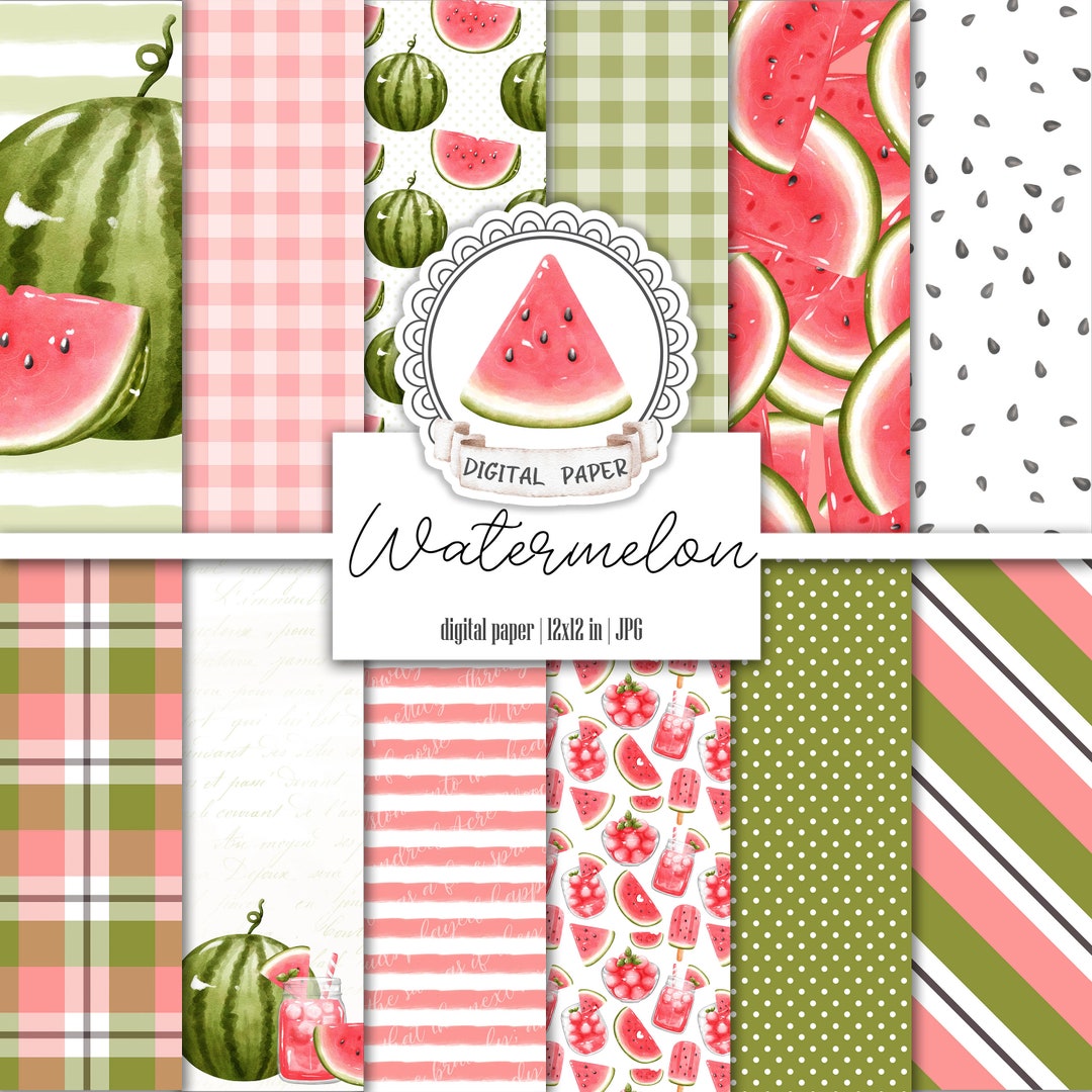 Watermelon Digital Paper Pack, Pink and Green Scrapbooking Basic Papers ...