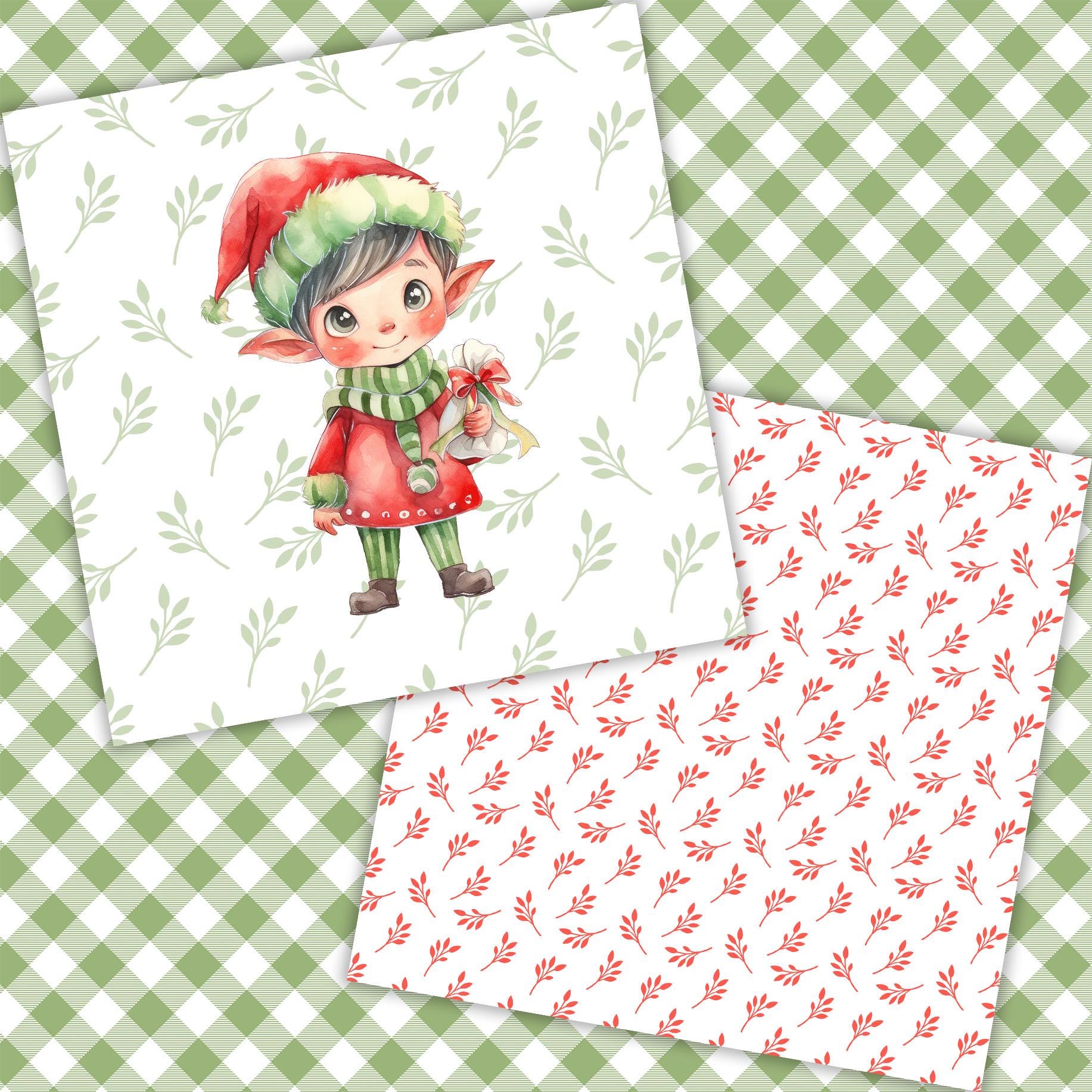 Christmas Elf Digital Paper Pack, Festive Scrapbooking Album, Red Xmas ...