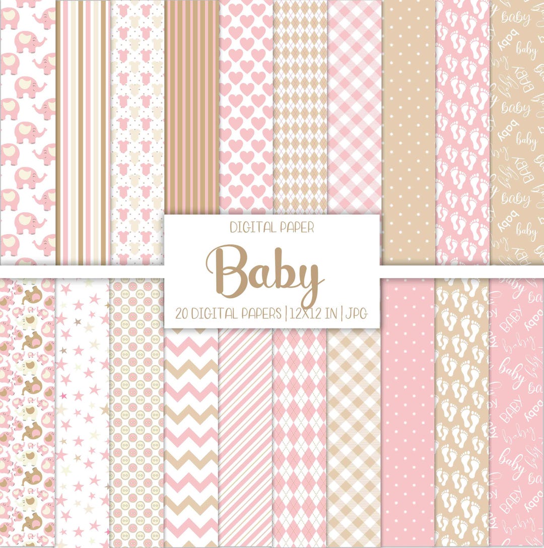 Pink Girl Elephant Digital Paper Pack, Baby Shower, Beige, Instant ...