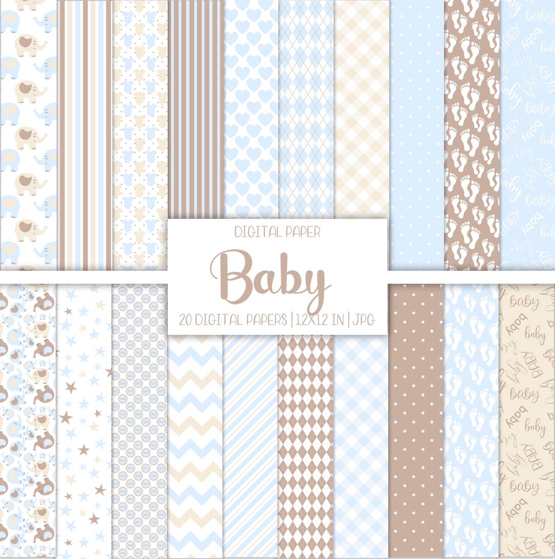 Blue Baby Boy Elephant Digital Paper Pack, Beige, Instant Download ...