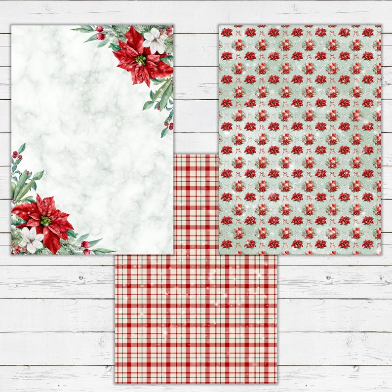 А4 Classic Christmas Printable Paper Pack, Red Poinsettia, Scrapbook ...