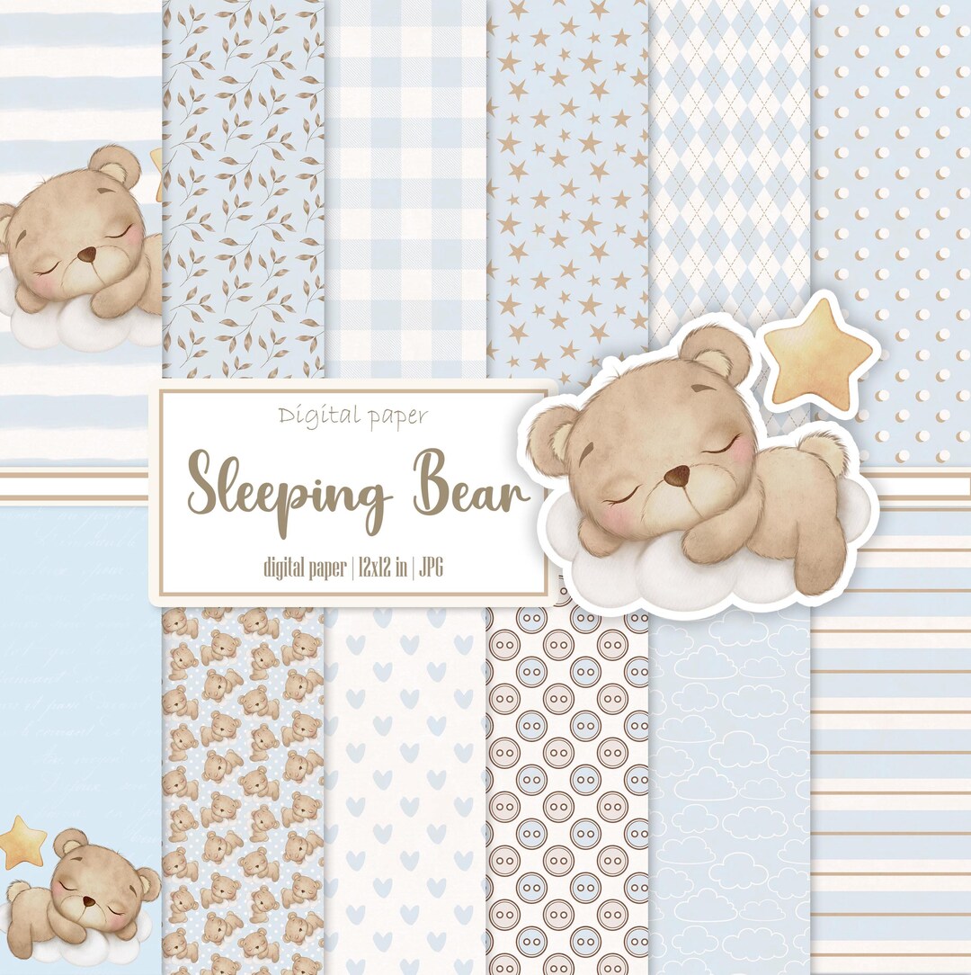 Baby Digital Paper Pack, Sleeping Bear Pattern, Gender Neutral ...