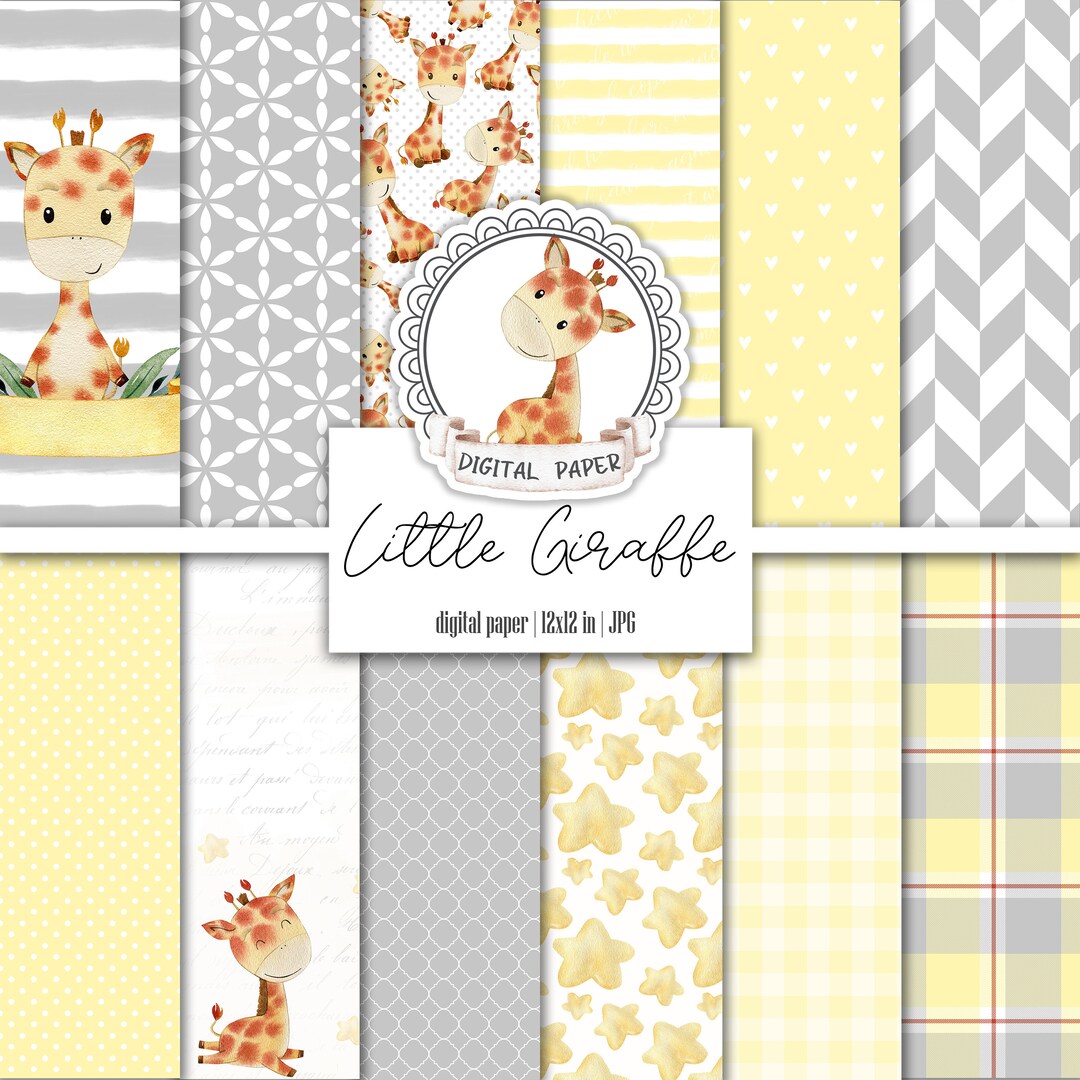 Giraffe Digital Paper Pack, Gendre Neutral, Yellow Gray Scrapbooking ...