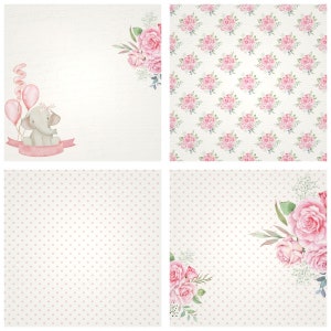 Pink Baby Girl Elephant Digital Paper Pack, Newborn Floral Scrapbook ...