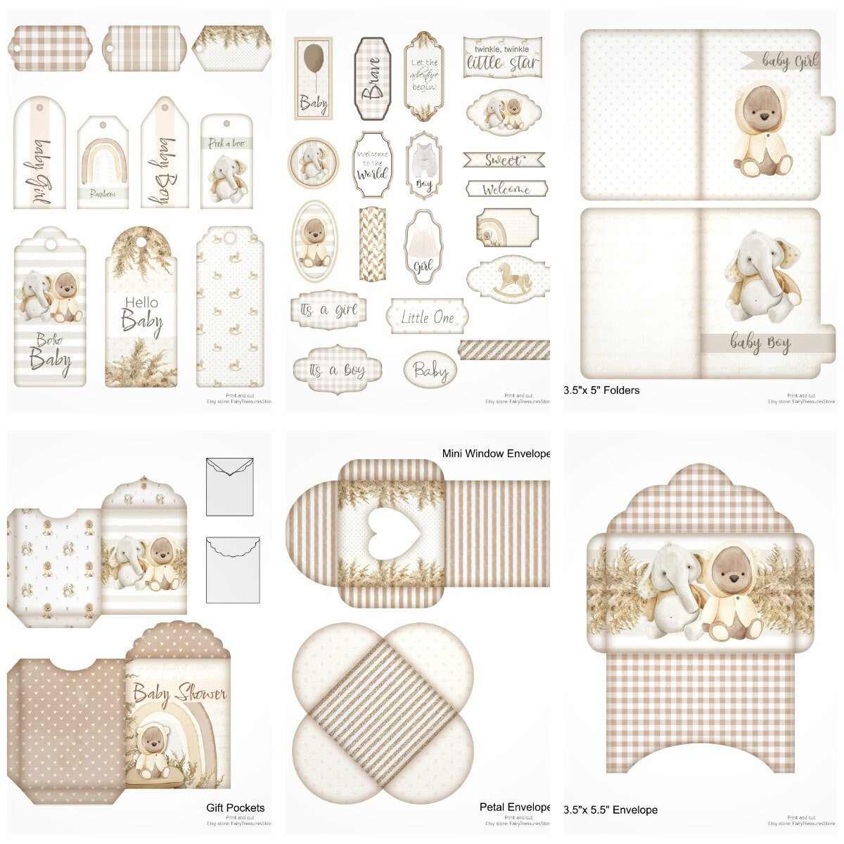Baby Boho Teddy Bear Digital Paper Pack, Printable Ephemera Kit ...