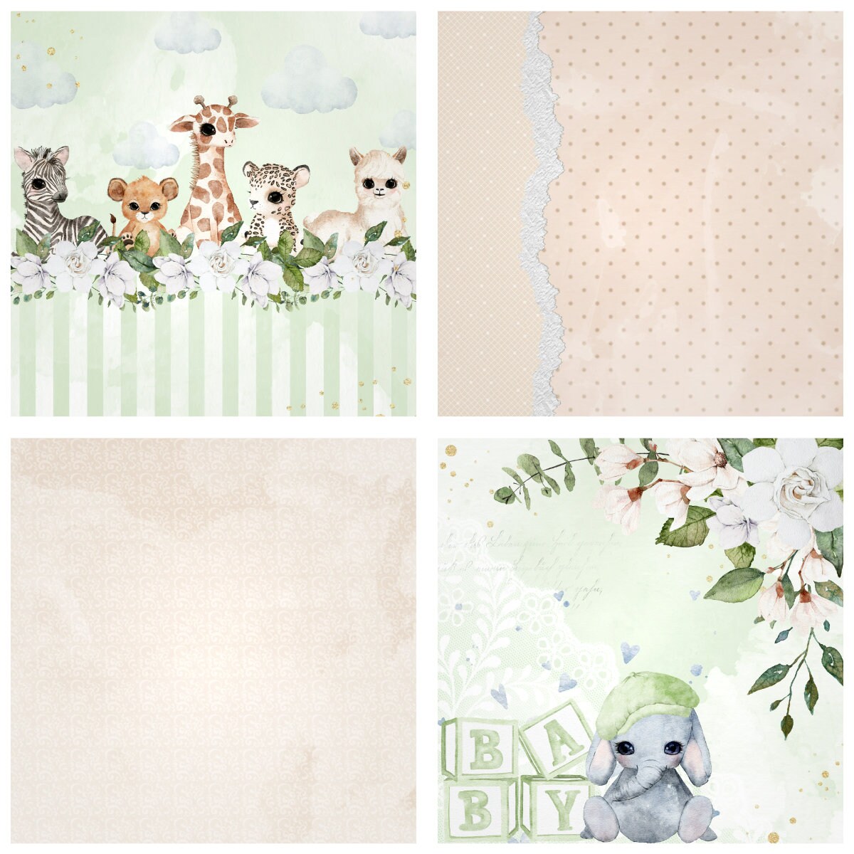 Cute Jungle Animals Digital Paper Pack, Watercolor Baby Safari Animals ...