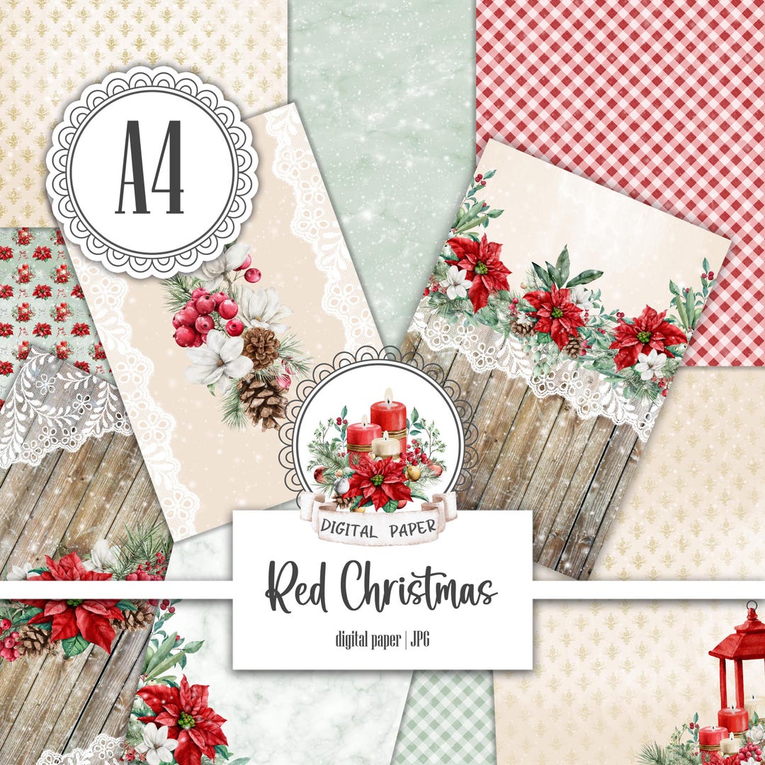 А4 Classic Christmas Printable Paper Pack, Red Poinsettia, Scrapbook ...