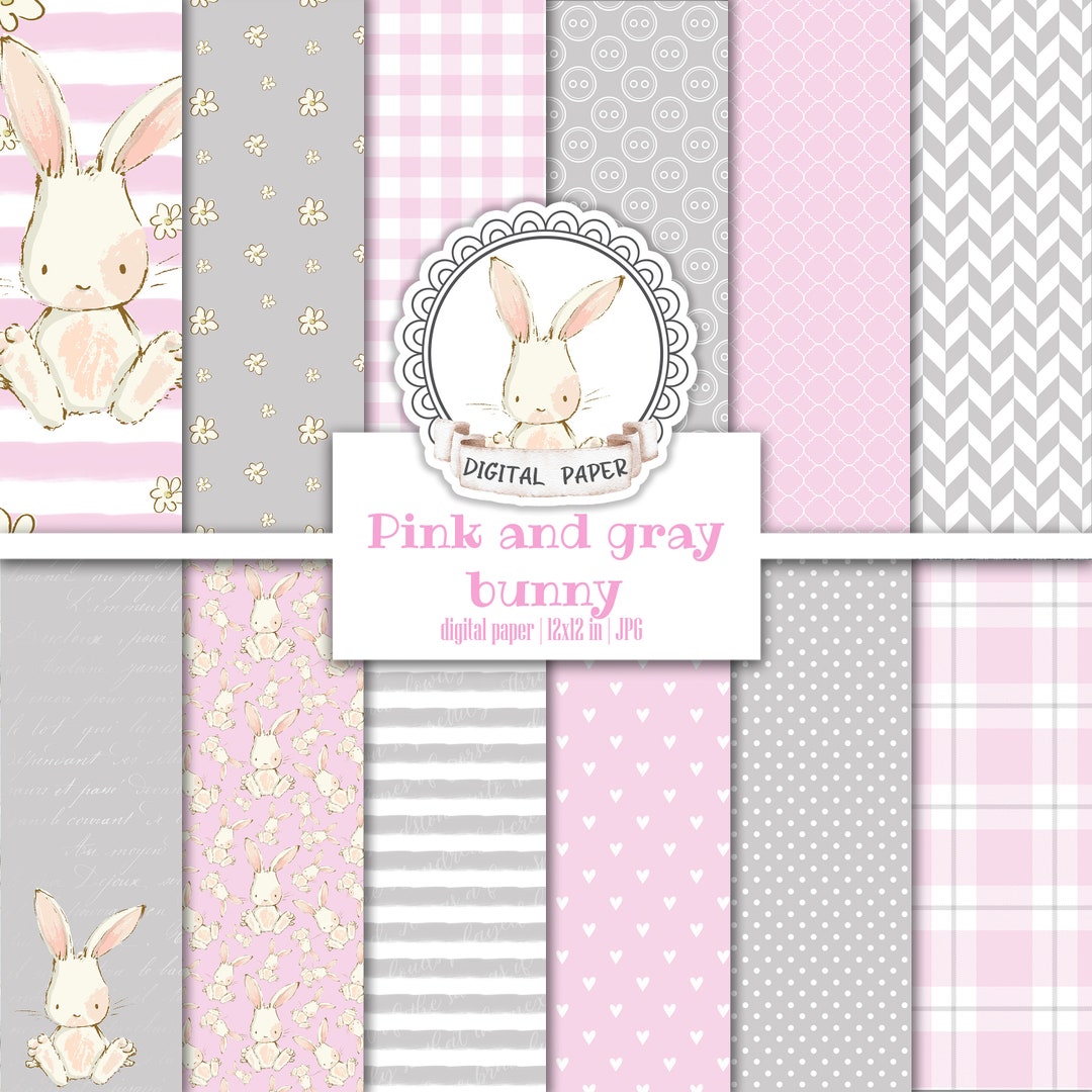 Baby Pink Bunny Digital Paper Pack, Flower Pattern, Gray Scrapbooking ...