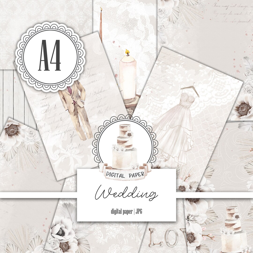 A4 Wedding Lace Digital Paper, Neutral Boho Background, Watercolor ...