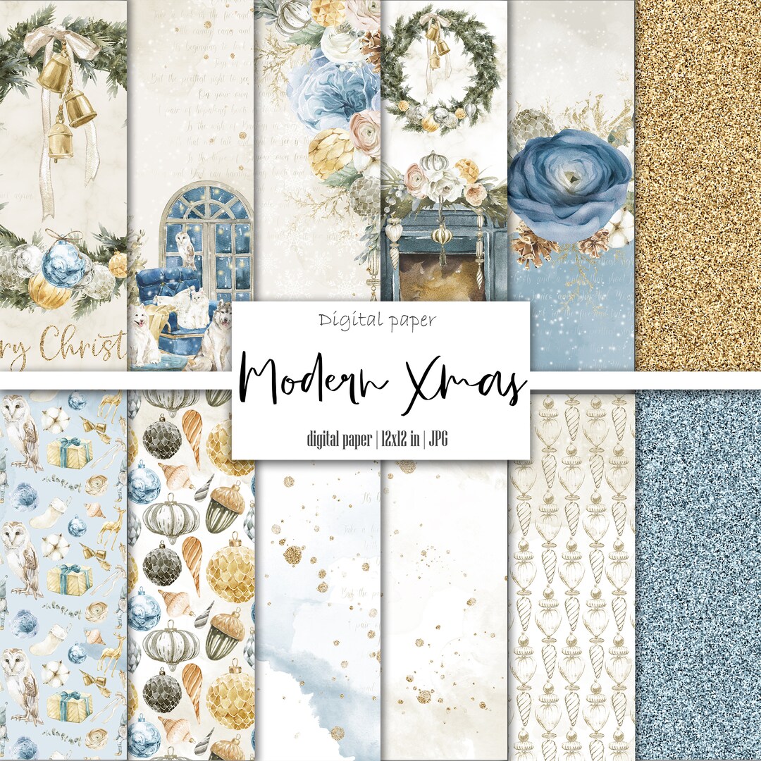 Modern Christmas Digital Paper, Gold and Blue, Cat and Dog Christmas ...
