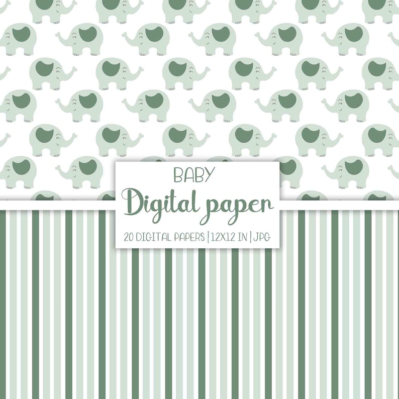 Green Baby Elephant Digital Paper Pack, Instant Download, Scrapbooking ...