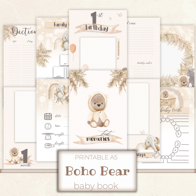 Baby Boho Teddy Bear Digital Paper Pack, Printable Ephemera Kit ...