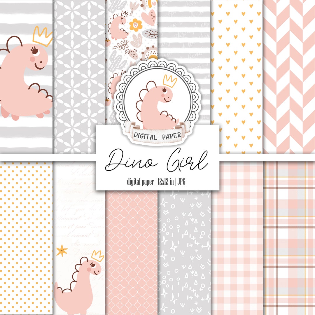 Little Dino Princess Girl Digital Paper Pack, Pink Scrapbooking Basic ...
