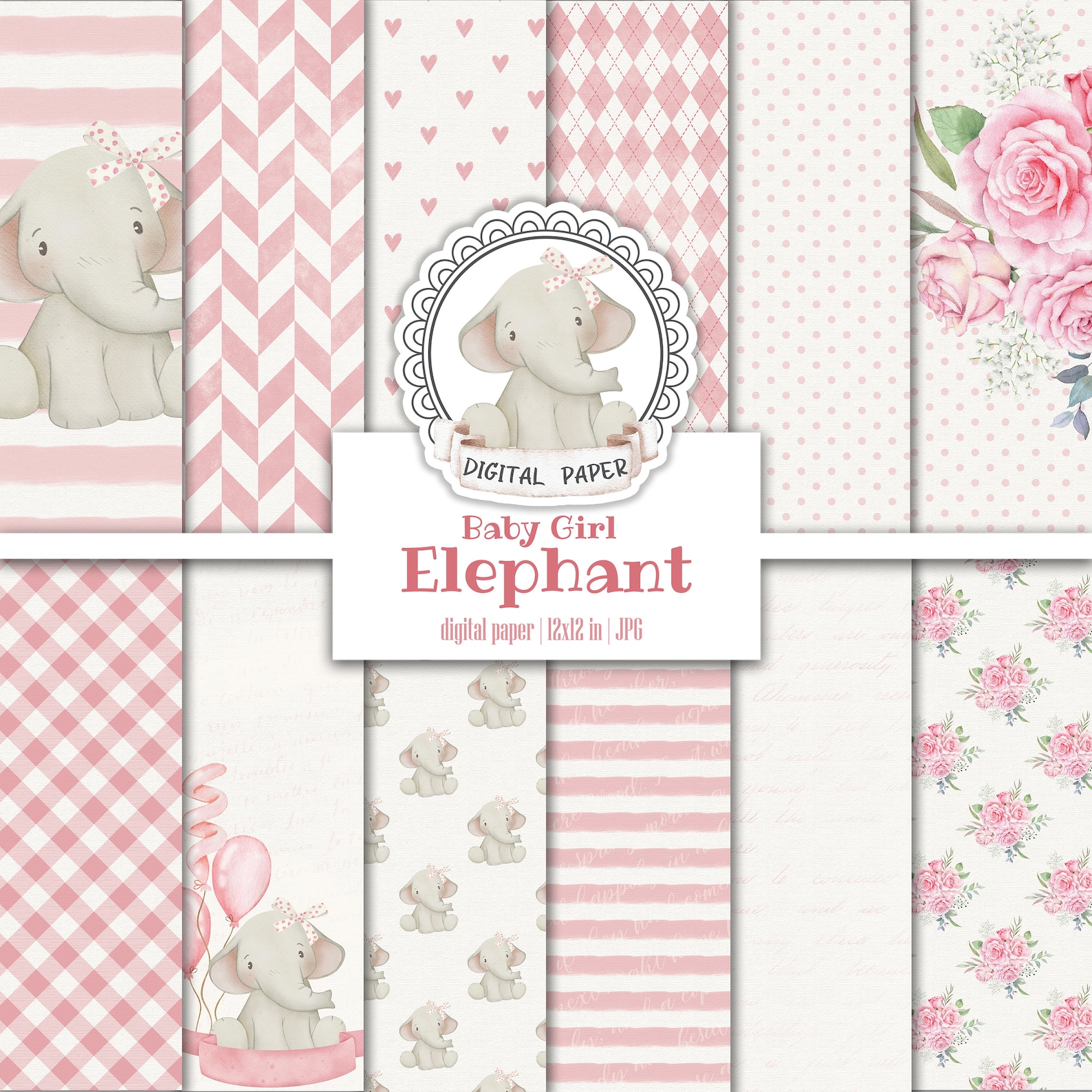 Pink Baby Girl Elephant Digital Paper Pack, Newborn Floral Scrapbook ...