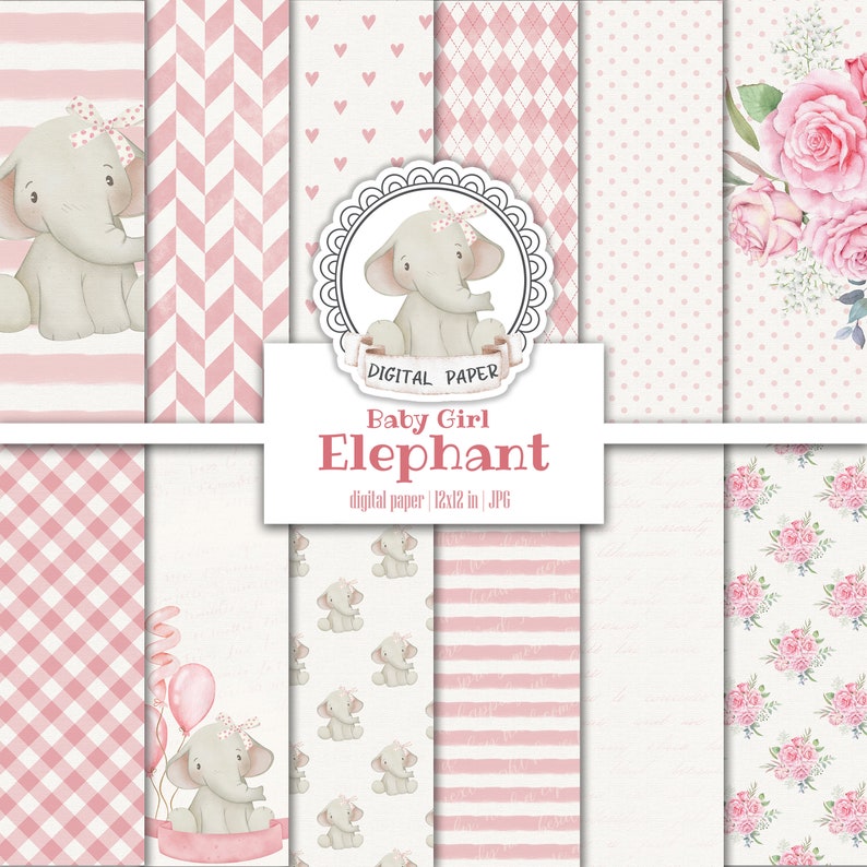 Pink Baby Girl Elephant Digital Paper Pack, Newborn Floral Scrapbook ...