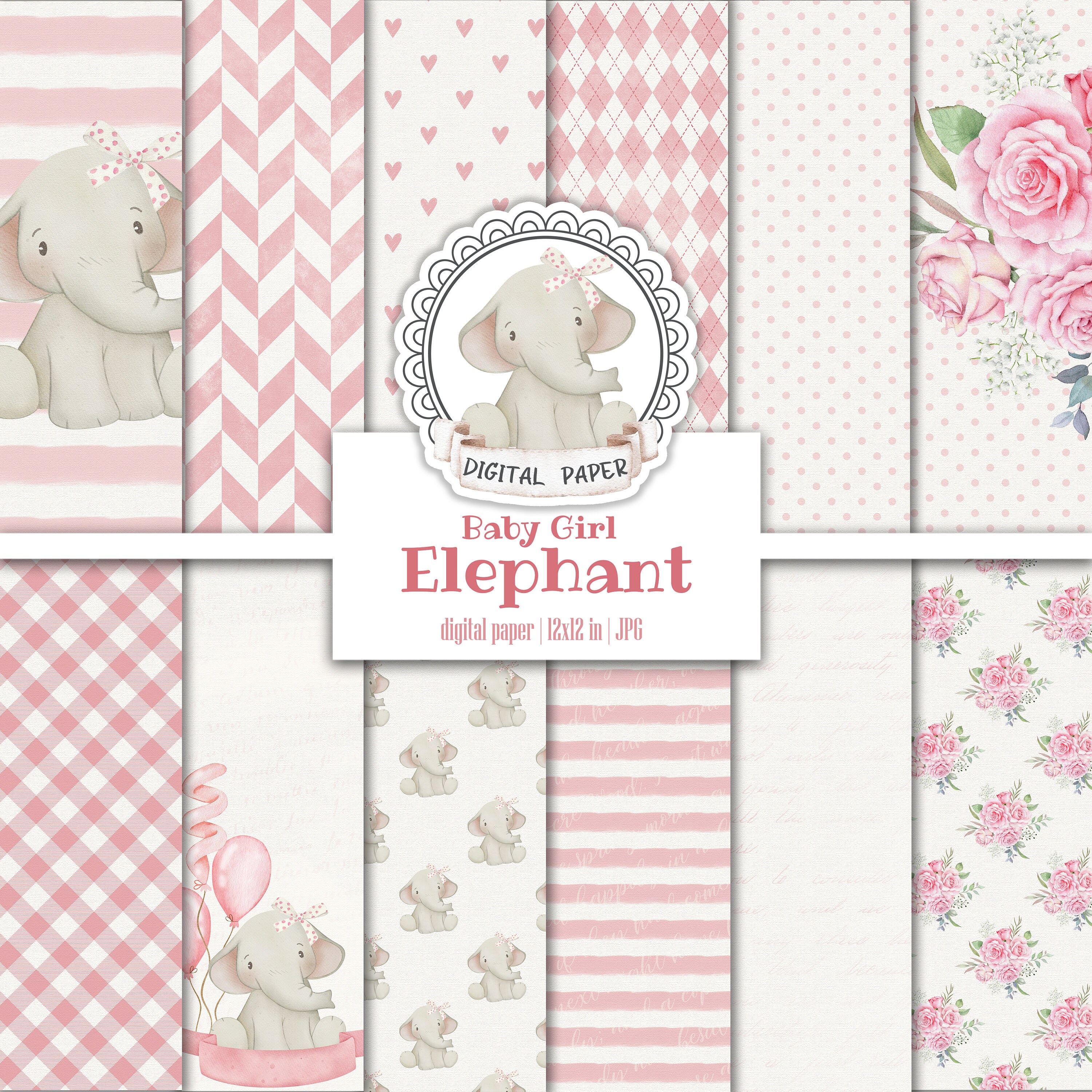 Pink Baby Girl Elephant Digital Paper Pack, Newborn Floral Scrapbook ...