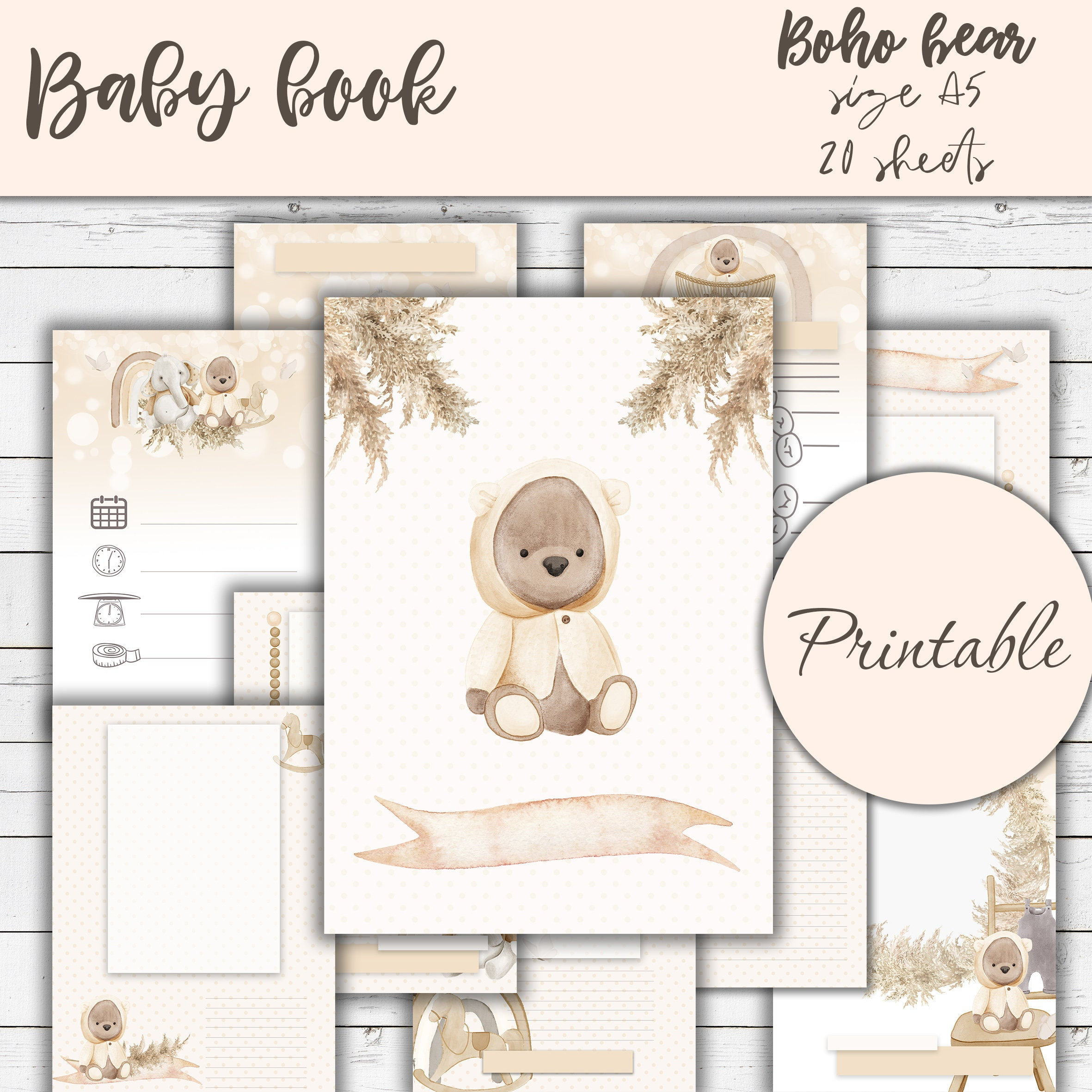 Digital Baby Memory Book Without Text, Boho Bear Photo Album, Gender ...