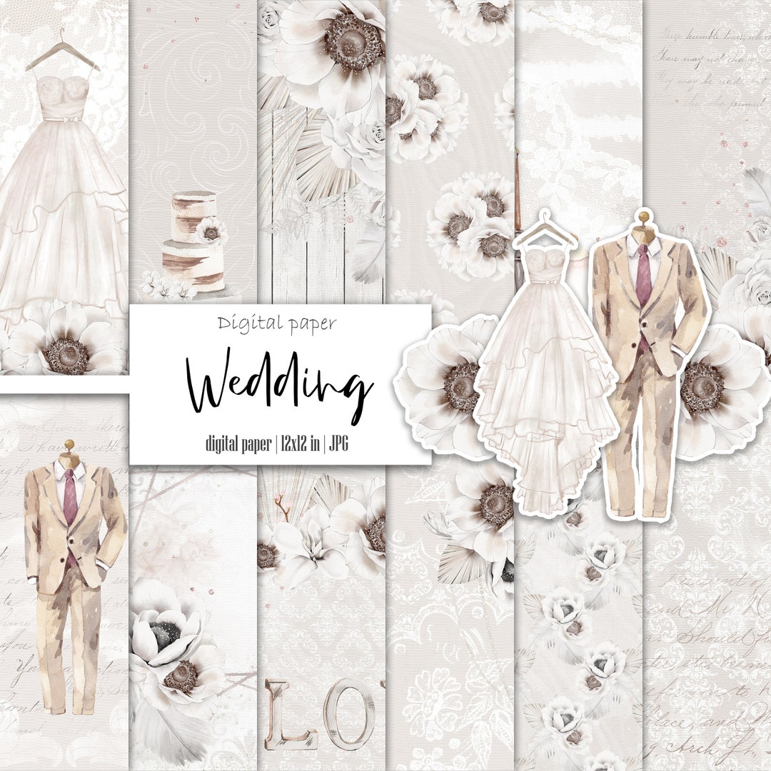 Wedding Digital Paper, Beige Boho Wedding Background, Flowers and Lace ...