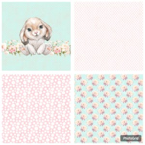 Mint Girl Bunny Digital Paper Pack, Floral Pink Scrapbook Album, Flower ...