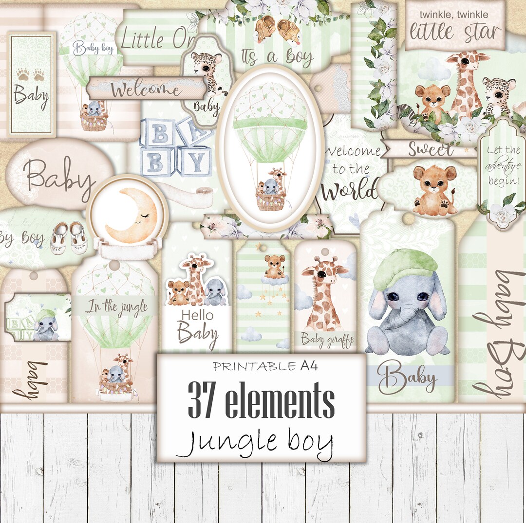 Jungle Baby Boy Printable Ephemera Kit, Digital Junk Journal, Baby ...
