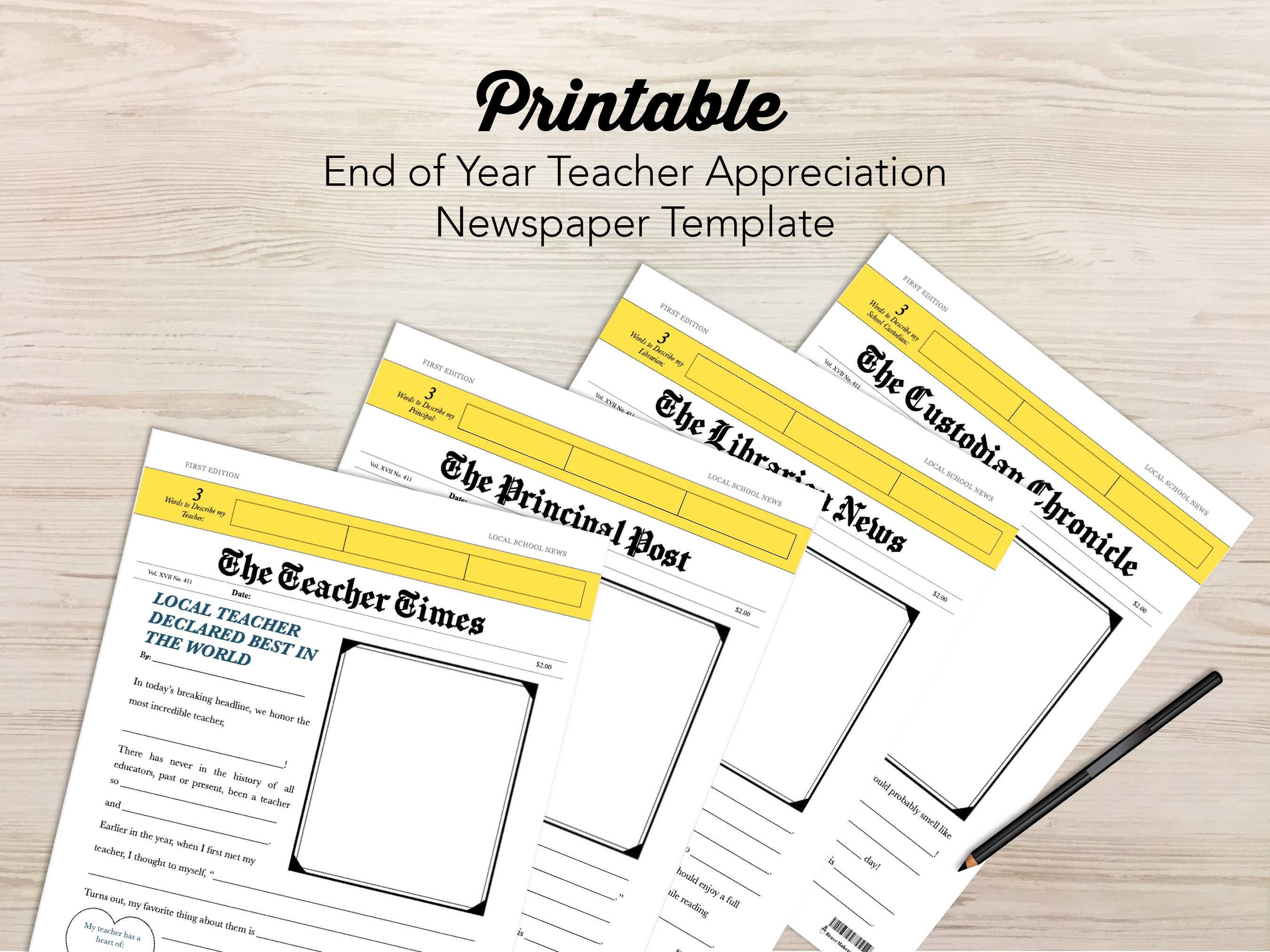Newspaper Template for End-of-year Teacher Appreciation Card - Etsy