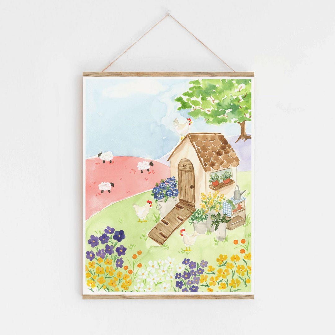 Cottagecore Chicken Coop Art Print, Sheep, Whimsical Art Print ...
