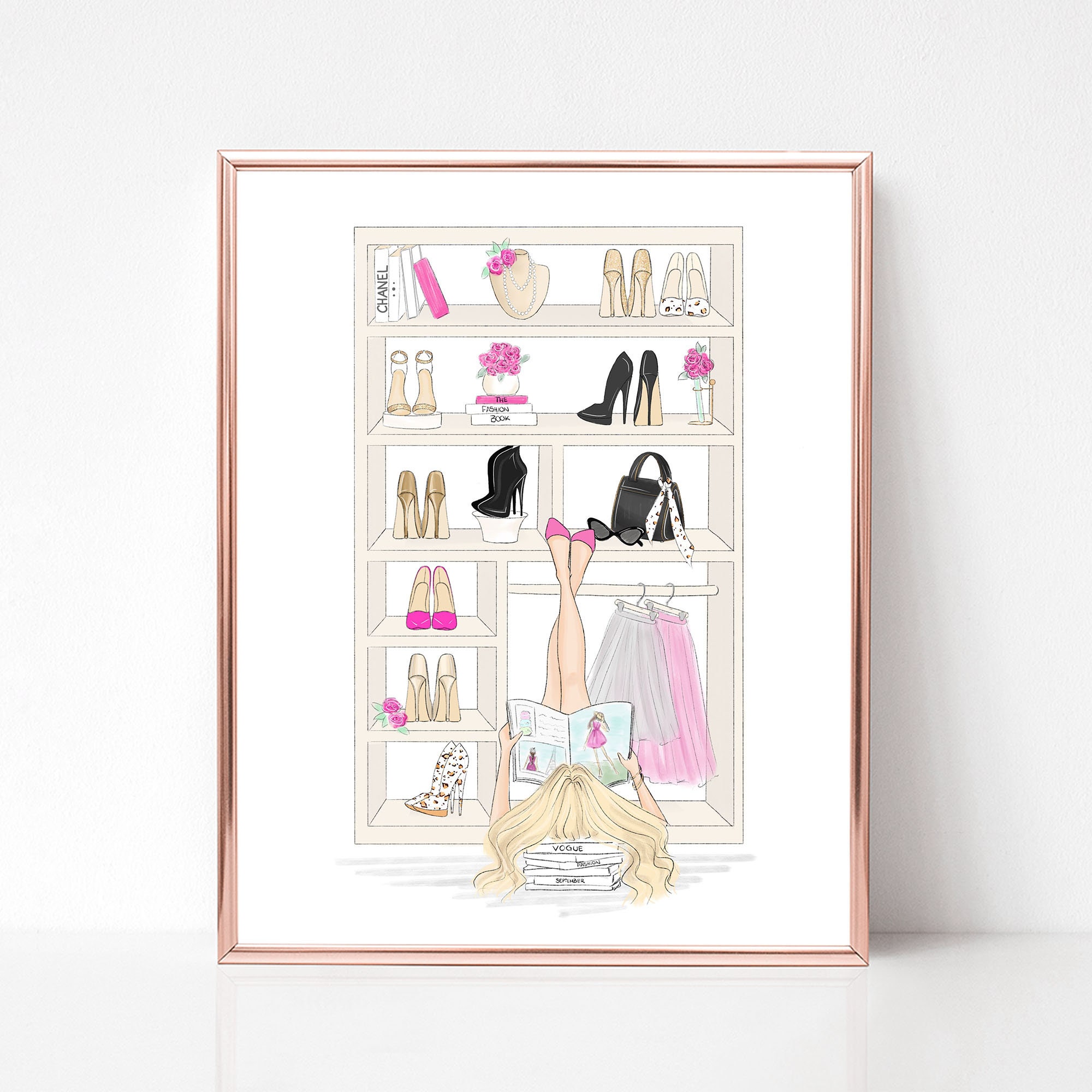 Pink Fashion Closet Art Print Wardrobe Wall Decor, Hair & Skin Tone ...