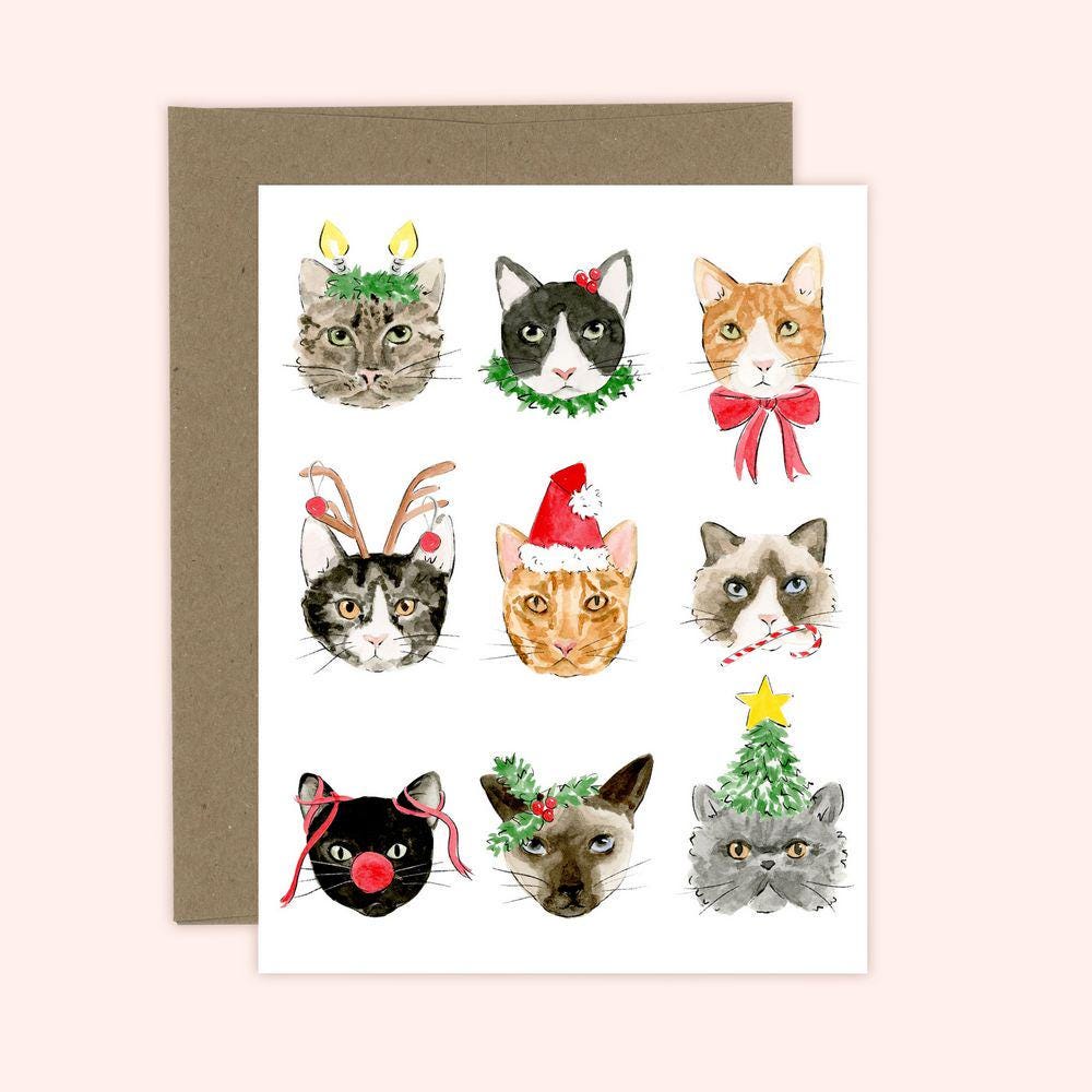 Cat Christmas Card, Christmas Cats Card, Cat Illustration, Blank Inside ...