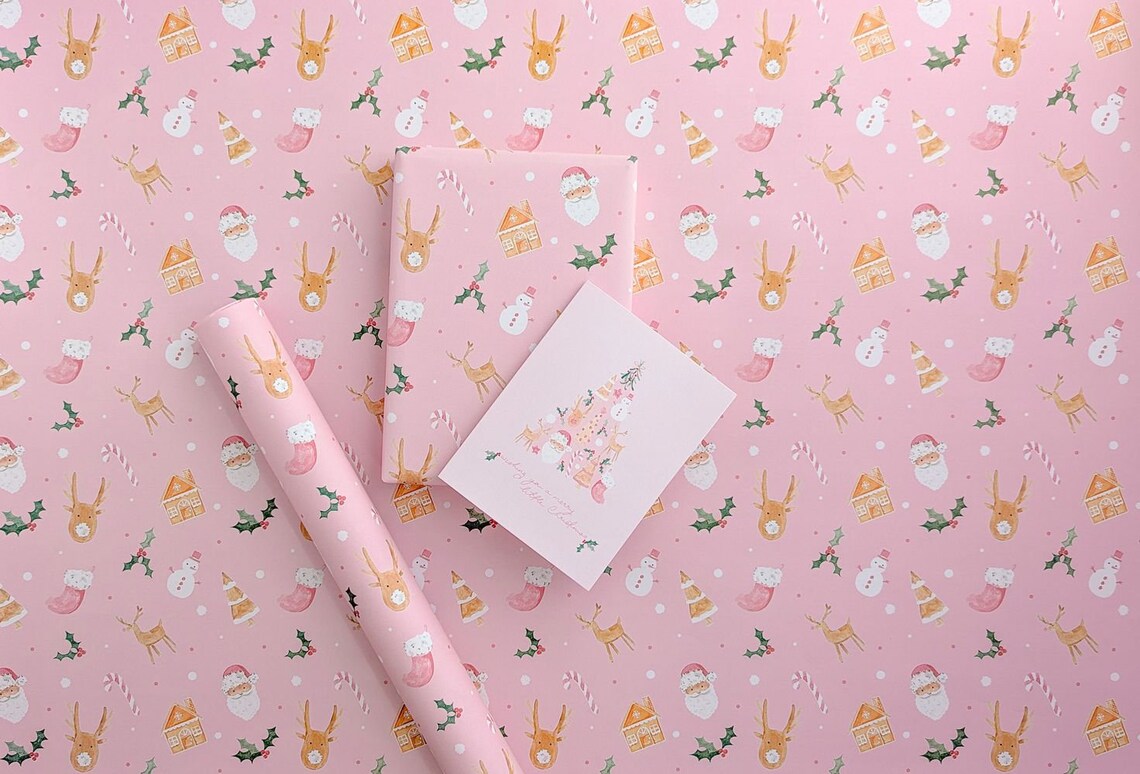 Pink Christmas Wrapping Paper 3 Sheets, Cute Santa Reindeer Pink ...