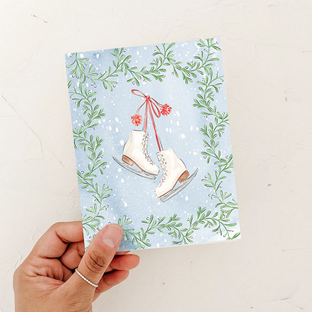 Winter Skates Greeting Card, Figure Skater Christmas Card Snowy Holiday ...