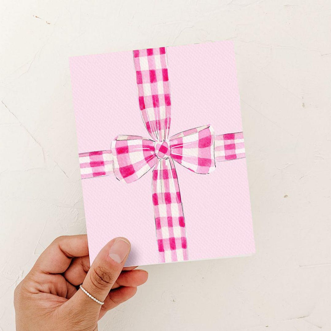 Pink Gingham Bow Birthday Card, Pink Bow Card, Girl Birthday Card, Hot ...