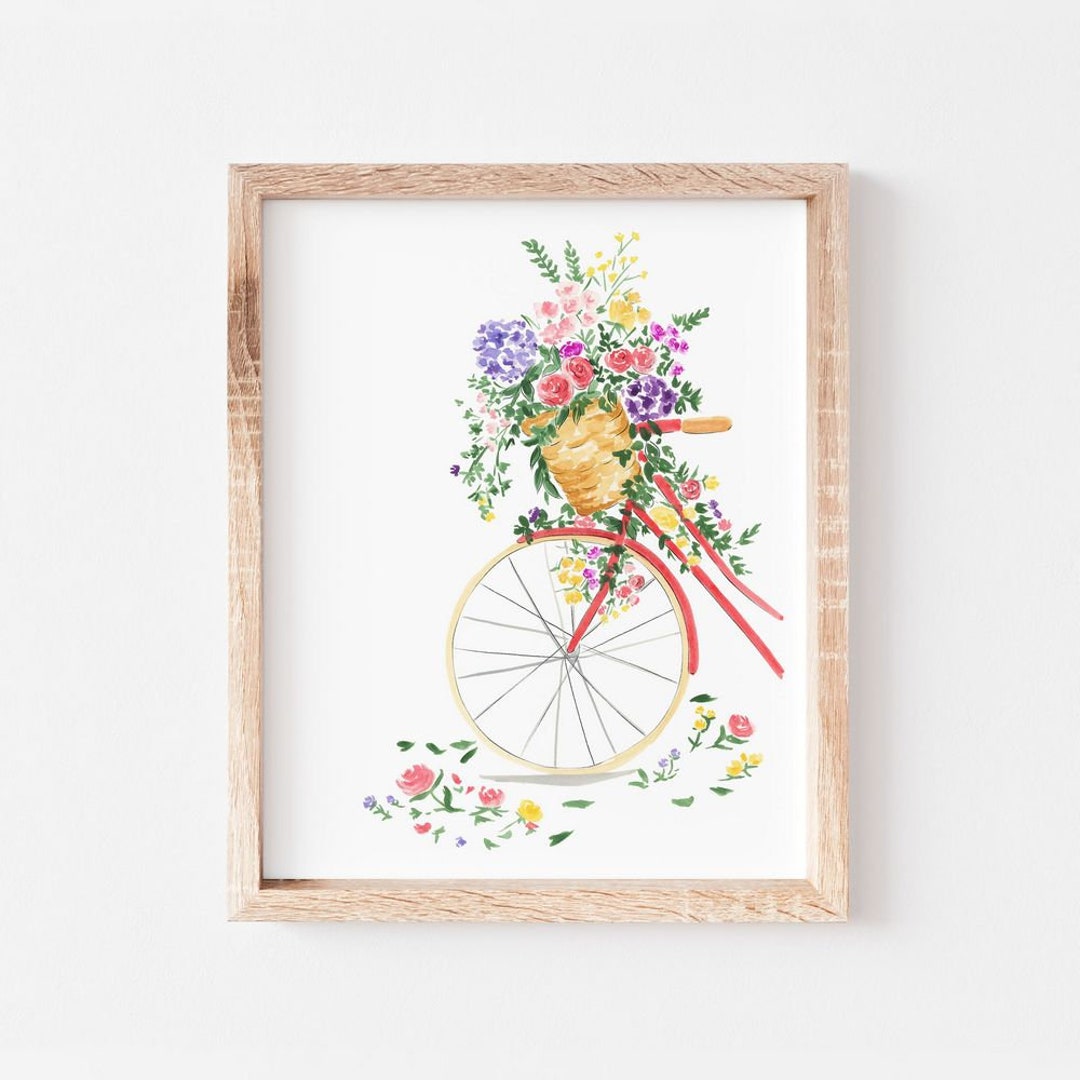 Bicycle Art Print, Flower Coral Bike Wall Decor, Living Room Art ...
