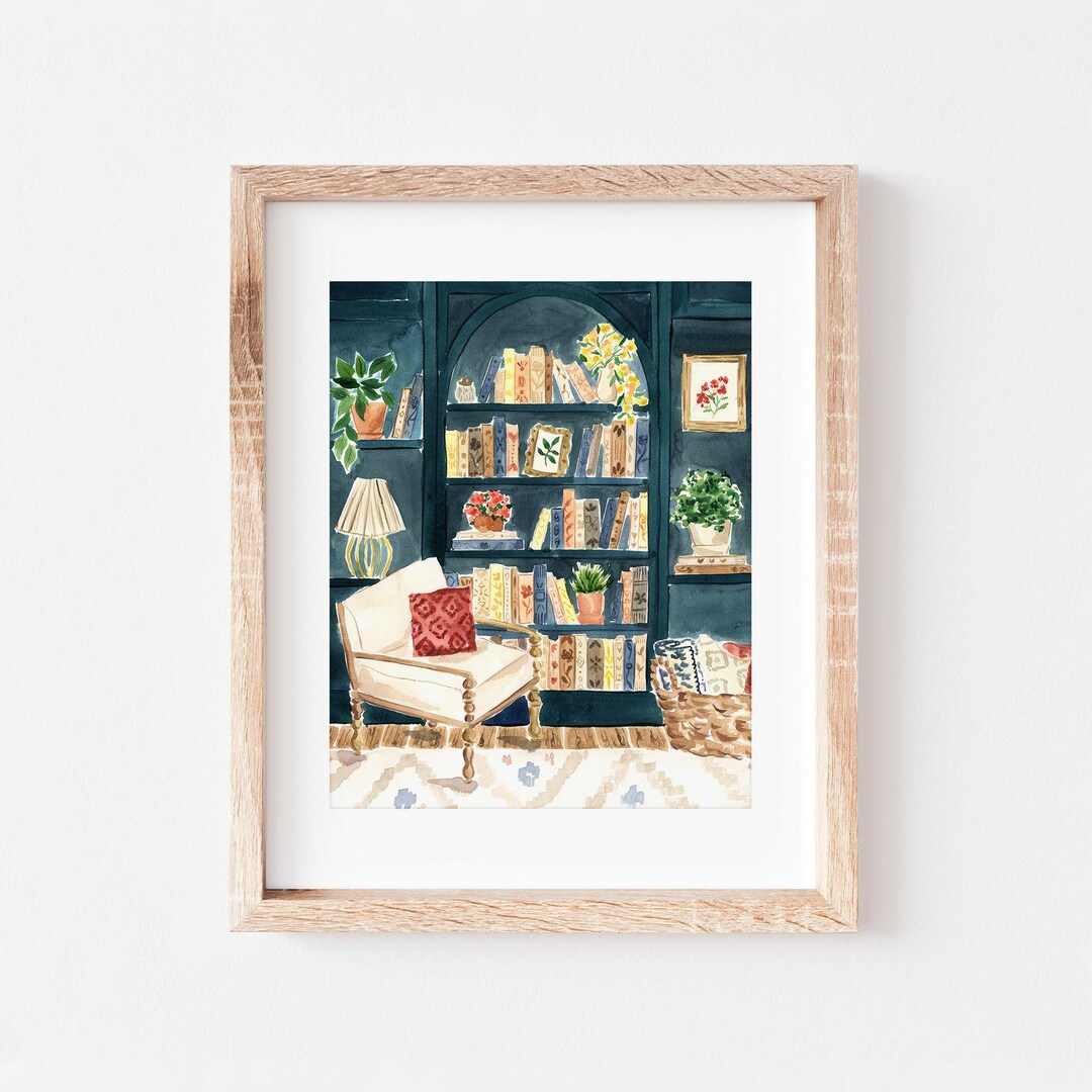 Cozy Bookshelf, Book Art Print, Bookworm Library, Art Print Book Lover ...