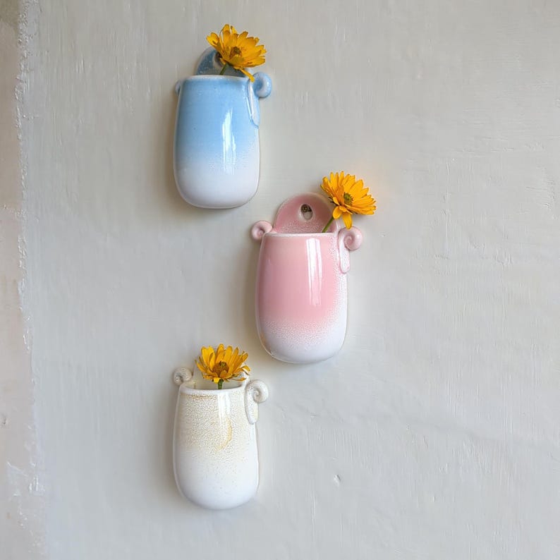 Handmade Ceramic Wall Planter Set: Pastel Blue, Pink & Beige Vases - Etsy